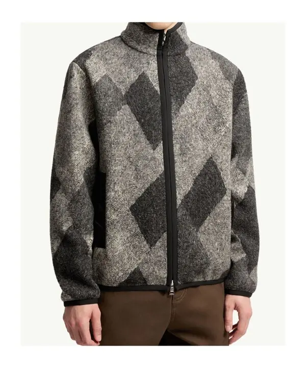 Moncler Diamond Pattern Wool Blend Zip-up Cardigan