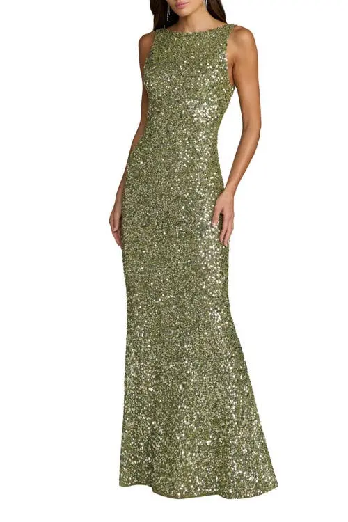 Mac Duggal Petite High Neck Sleeveless Open Back Sequin Column Gown - Sage