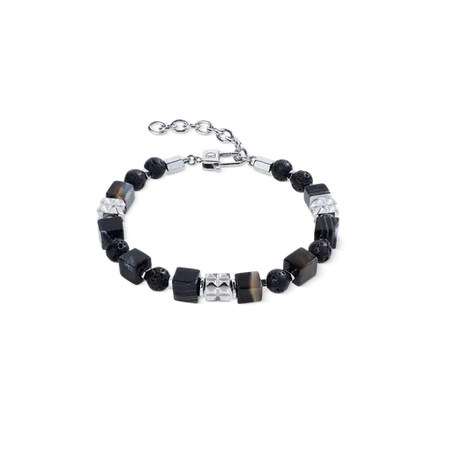 COEUR DE LION Striped Onyx And Lava Bead Bracelet With Stainless Steel Spike Cubes - Silver