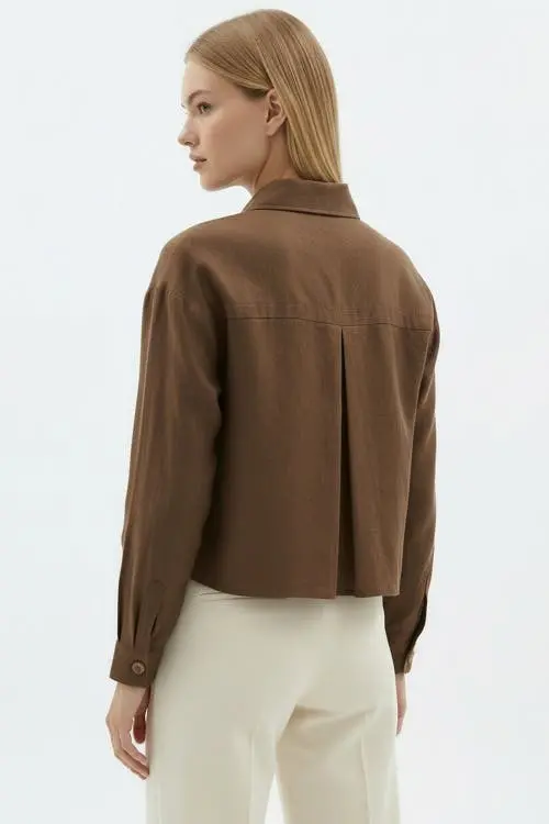 EXQUISE Seleneelle Long Sleeve Linen Crop Jacket