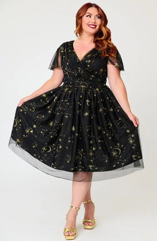 Unique Vintage Midori Swing Dress With Flutter Sleeves - Black Celestial Print