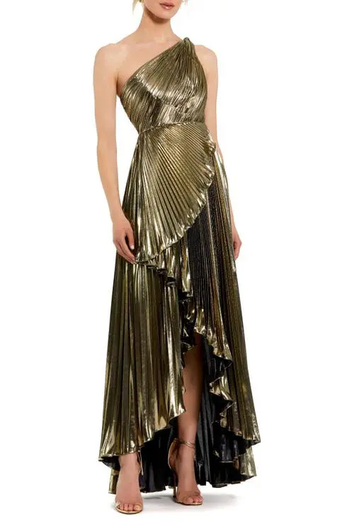 Mac Duggal Petite Metallic Pleated One Shoulder Gown
