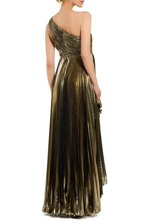 Mac Duggal Petite Metallic Pleated One Shoulder Gown