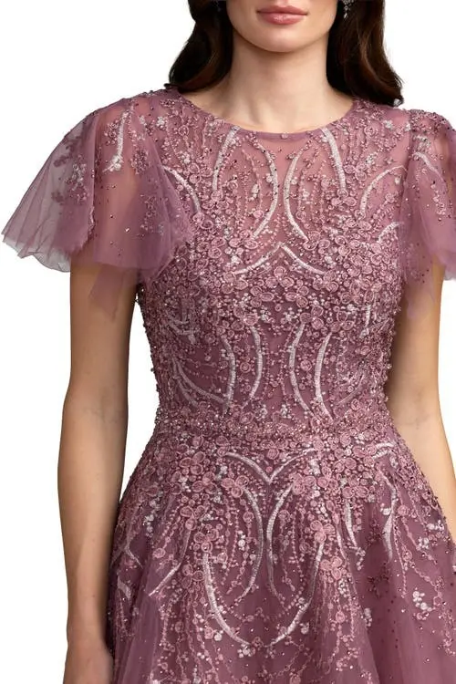 Mac Duggal Beaded Embroidered Tulle Flutter Sleeve Ball Gown