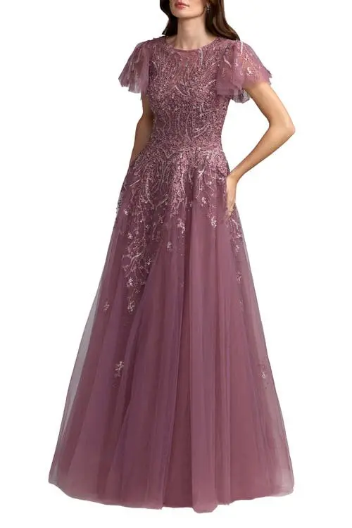 Mac Duggal Beaded Embroidered Tulle Flutter Sleeve Ball Gown - Wisteria