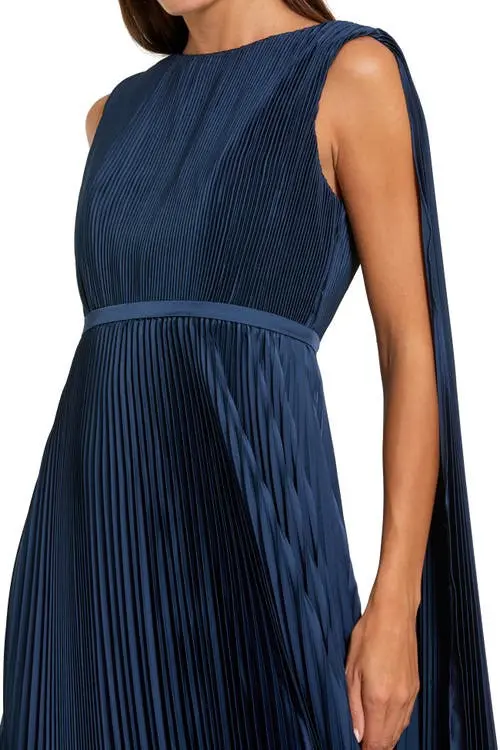 Mac Duggal Sleeveless High Neck Cape Back Heat Pleated Gown - Midnight