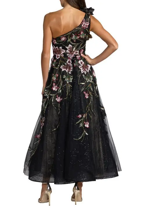 Mac Duggal One Shoulder Floral Embellished Tulle Midi Dress