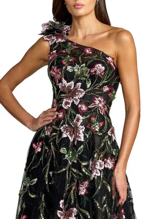 Mac Duggal One Shoulder Floral Embellished Tulle Midi Dress
