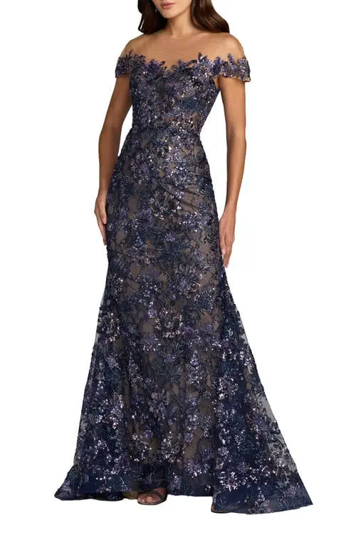 Mac Duggal Lace Mesh Illusion Neck Cap Sleeve Trumpet Gown - Midnight
