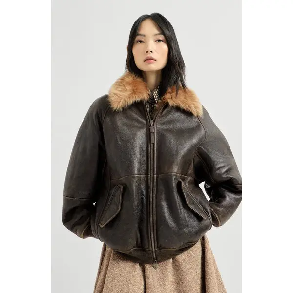 Brunello Cucinelli Vintage-effect Shearling Bomber Jacket With Shiny Zipper Pull - Hazelnut