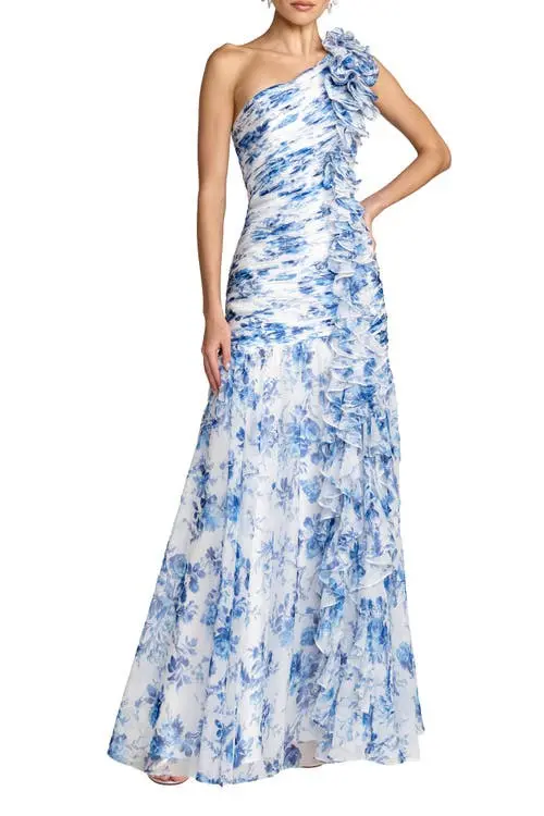 Mac Duggal Petite One-shoulder Floral Chiffon Gown With 3d Ruffles - Blue Multi