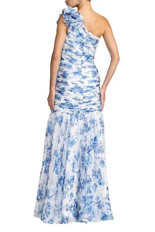 Mac Duggal Petite One-shoulder Floral Chiffon Gown With 3d Ruffles - Blue Multi