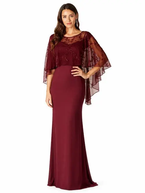 LARA NEW YORK Flutter Capelet With Beaded Tulle - Wine