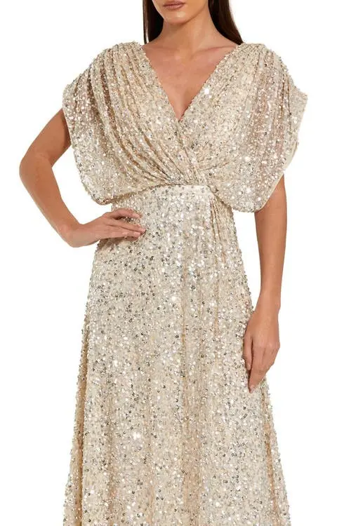 Mac Duggal Sequin Draped Sleeve V-neck Midi Dress