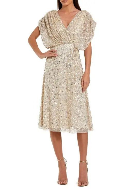 Mac Duggal Sequin Draped Sleeve V-neck Midi Dress - Nude Silver
