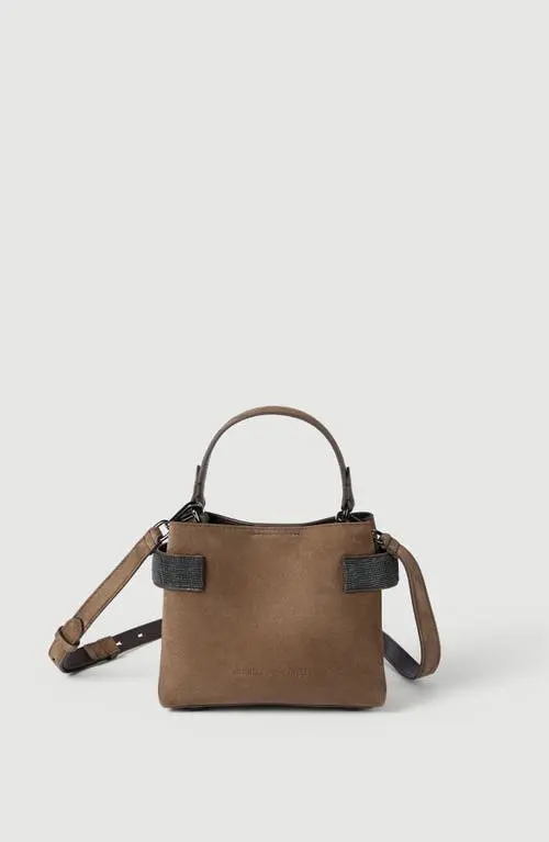 Brunello Cucinelli Essence Small Top-handle Bag In Suede With Precious Bands - Brown