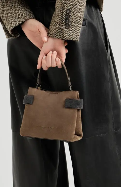 Brunello Cucinelli Essence Small Top-handle Bag In Suede With Precious Bands - Brown
