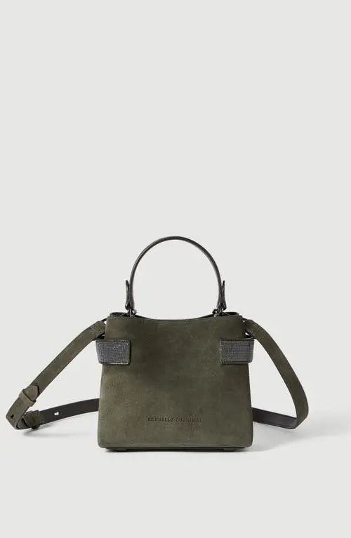 Brunello Cucinelli Essence Small Top-handle Bag In Suede With Precious Bands - Green