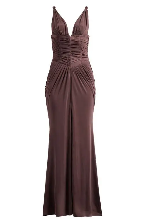 House Of Cb Tabitha Plunge Neck Liquid Soft Jersey Gown - Black Cherry