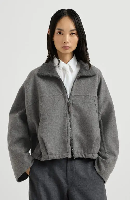 Brunello Cucinelli Hand-crafted Bomber Jacket In Virgin Wool Double Cloth With Shiny Zipper Pull - Dark Grey