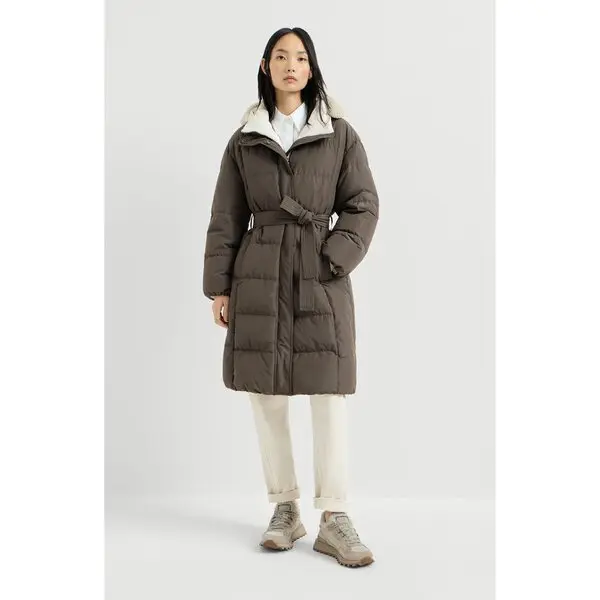 Brunello Cucinelli Techno Cotton Taffeta Down Coat With Shearling Inserts And Shiny Zipper Pull - Brown