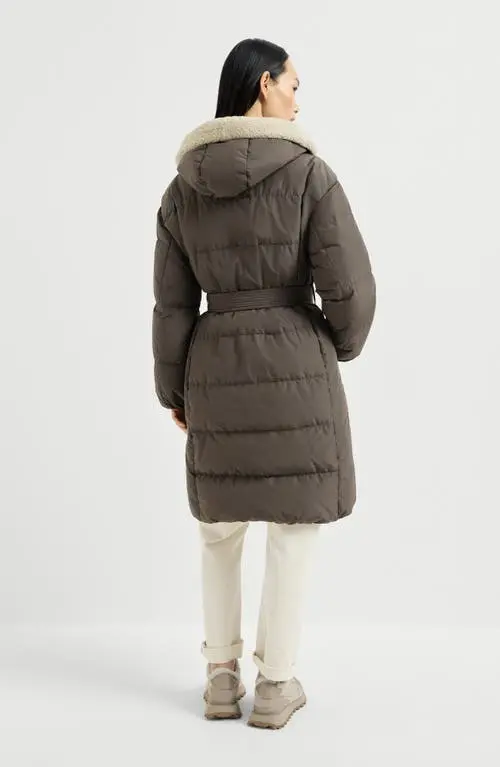 Brunello Cucinelli Techno Cotton Taffeta Down Coat With Shearling Inserts And Shiny Zipper Pull