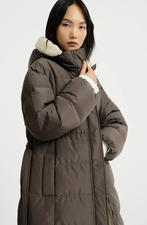 Brunello Cucinelli Techno Cotton Taffeta Down Coat With Shearling Inserts And Shiny Zipper Pull