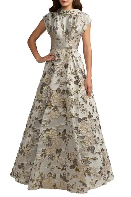 Mac Duggal Floral Mock Neck Brocade Cap Sleeve Ball Gown