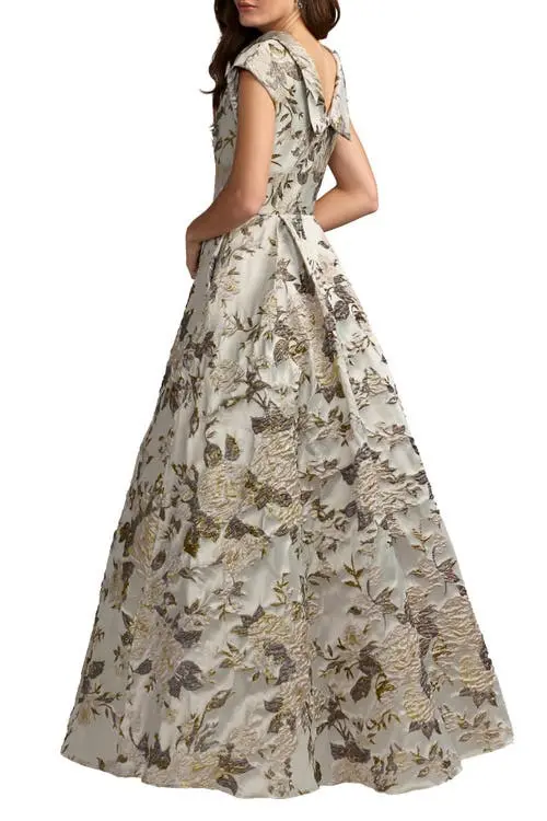Mac Duggal Floral Mock Neck Brocade Cap Sleeve Ball Gown