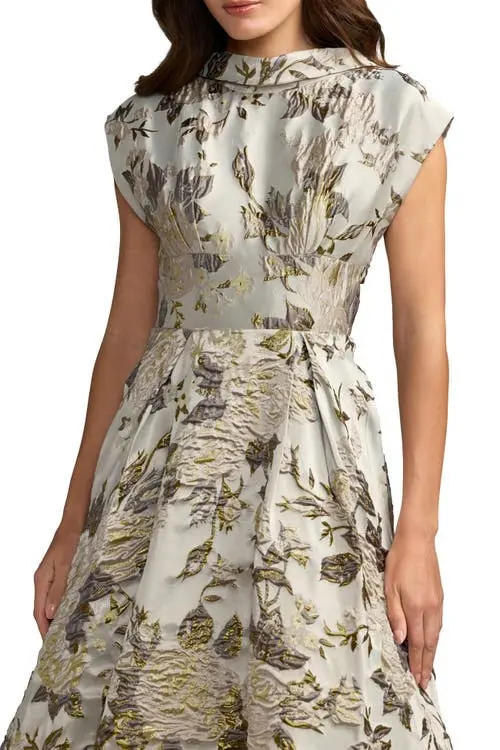 Mac Duggal Floral Mock Neck Brocade Cap Sleeve Ball Gown