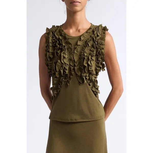 Ulla Johnson Vesna Ruffle Wool Jersey Top - Loden