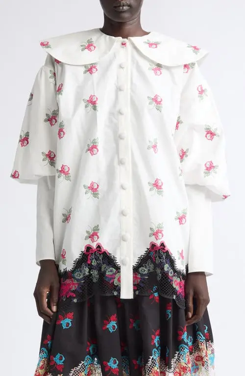 CHOPOVA LOWENA Floral Embroidered Cotton Shirt With Lace Trim - White Multi