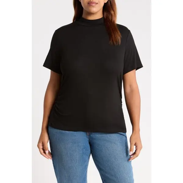 CITY BLUES Mock Neck Short Sleeve Top With Shirring