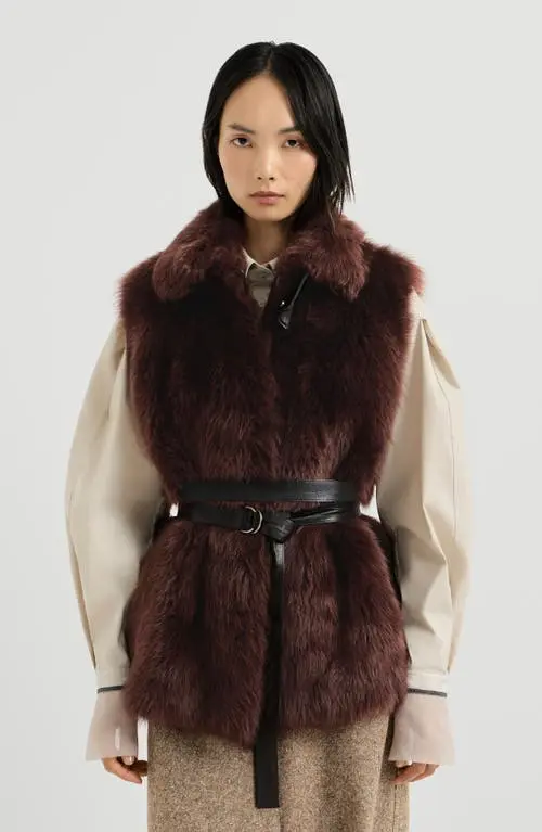 Brunello Cucinelli Lux Shearling Vest With Nappa Leather Belt And Monili - Burgundy