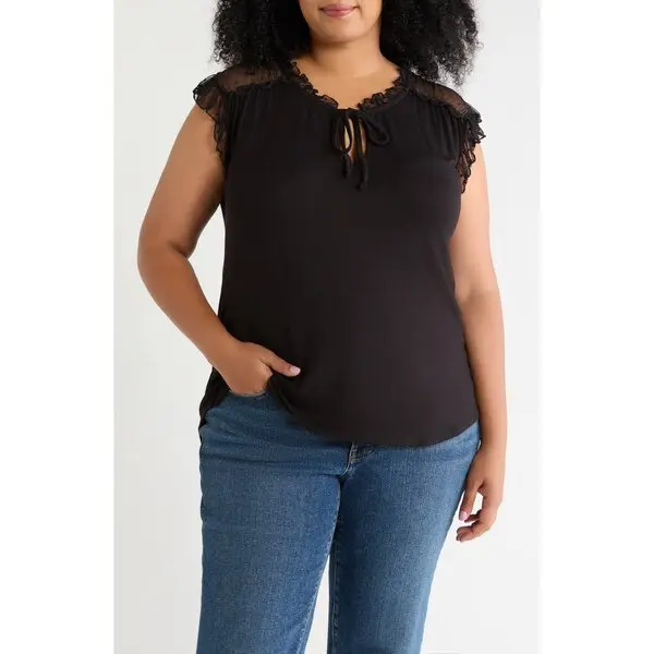 Loveappella Tie Neck Ruffle Top - Black