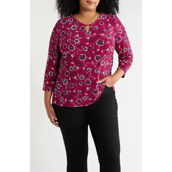 Jones New York Floral V-neck Knit Top - Berry Red Multi