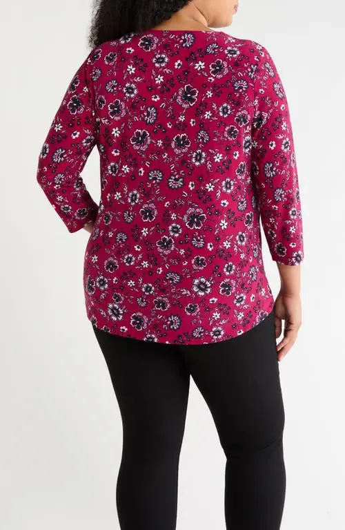 Jones New York Floral V-neck Knit Top - Berry Red Multi