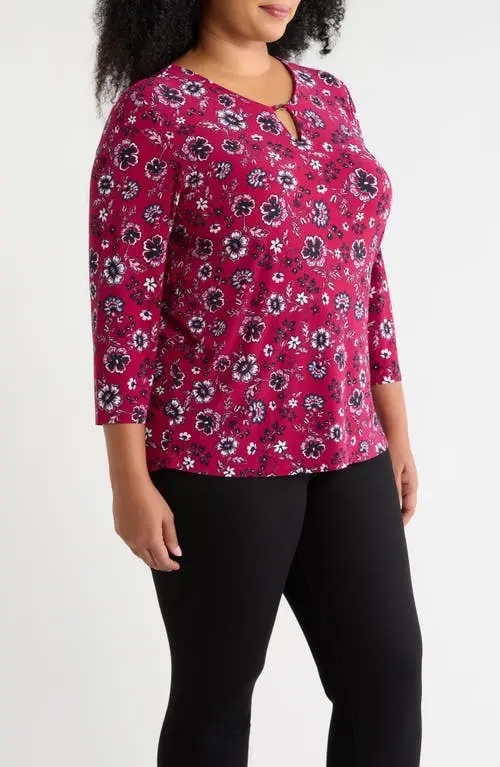 Jones New York Floral V-neck Knit Top - Berry Red Multi