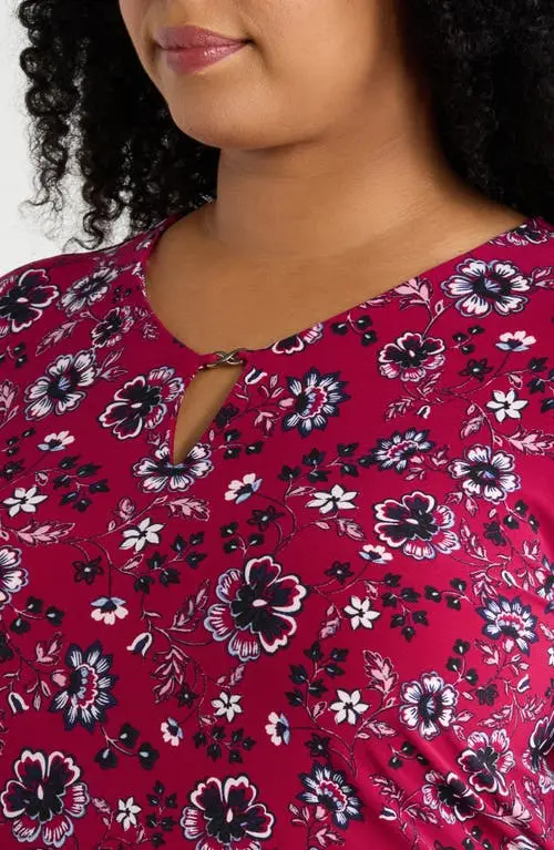 Jones New York Floral V-neck Knit Top - Berry Red Multi
