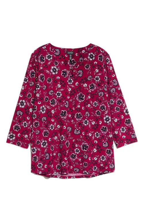 Jones New York Floral V-neck Knit Top - Berry Red Multi