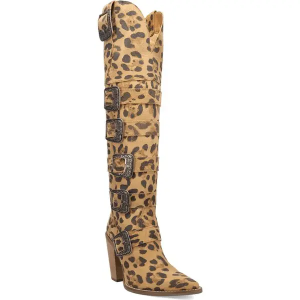 DINGO Buckled Print Leather Western Boots - Leopard