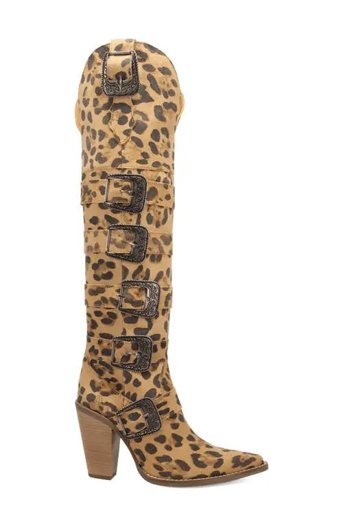 DINGO Buckled Print Leather Western Boots - Leopard
