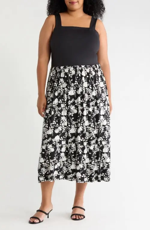 Loveappella Floral Print Square Neck Strap Dress