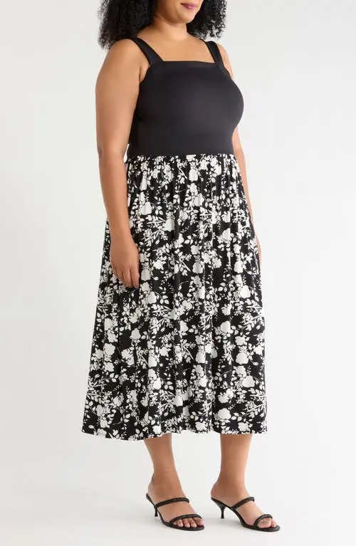 Loveappella Floral Print Square Neck Strap Dress