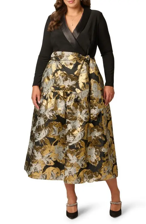 Adrianna Papell Jacquard Shawl Collar Dress - Black/gold