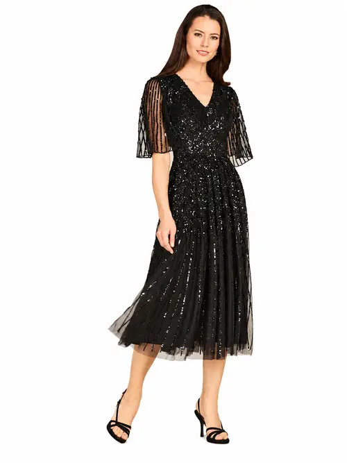 LARA NEW YORK Sequined V-neck Midi Dress - Black