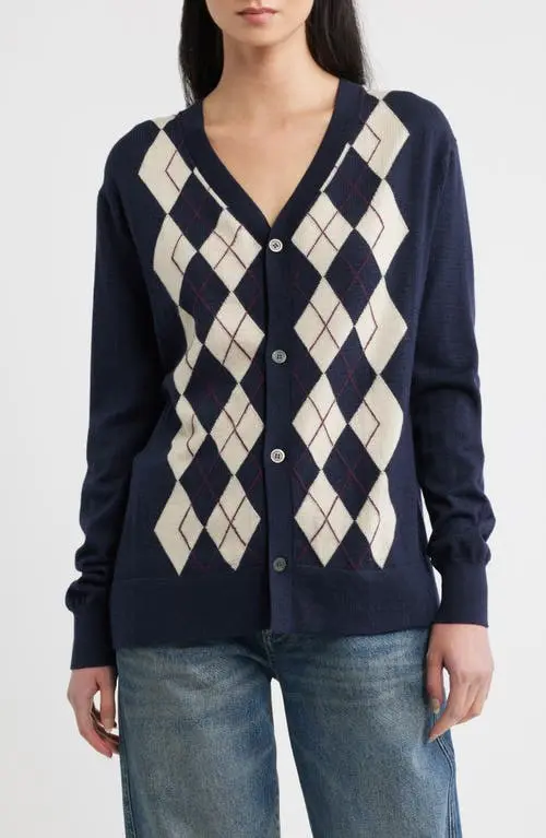 DL1961 Argyle Extra Fine Merino Wool V Neck Cardigan - Navy Argyle