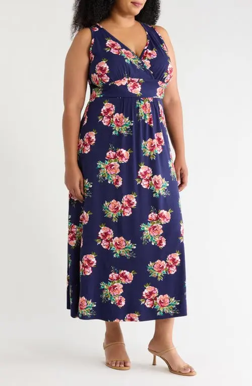 Loveappella Sleeveless V-neck Empire Waist Maxi Dress - Navy/coral