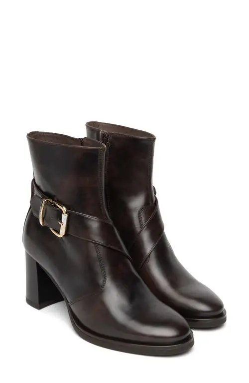 NEROGIARDINI Leather Ankle Strap Block Heel Booties - Chocolate