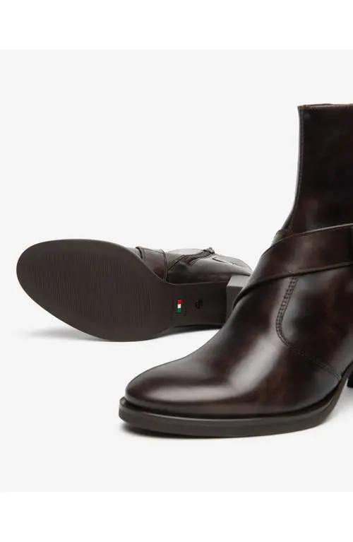 NEROGIARDINI Leather Ankle Strap Block Heel Booties - Chocolate